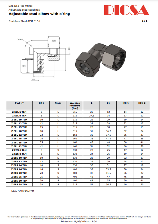 Tube Stud Elbow Adjustable, L-Series, EVW | TTA Hydraulics