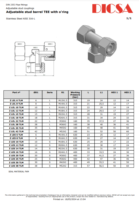 Adjustable Stud Barrel T-Piece L Series EVL | TTA Hyd