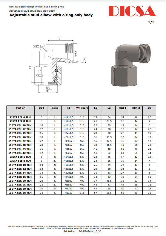 Adjustable Stud Barrel T-Piece, S Series, EVL | TTA Hyd