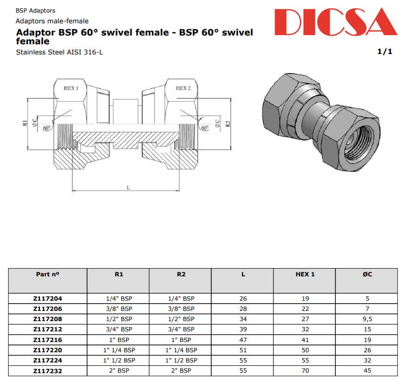 BSP Female Swivel Adaptors, FB-SWI | TTA Hydraulics