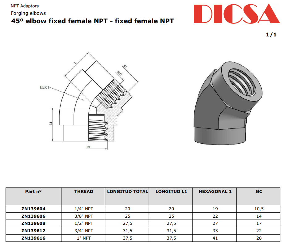 NPT Male to Female 45 Elbow Fixed Adaptor, E3/MN/FN | TTA Hyd