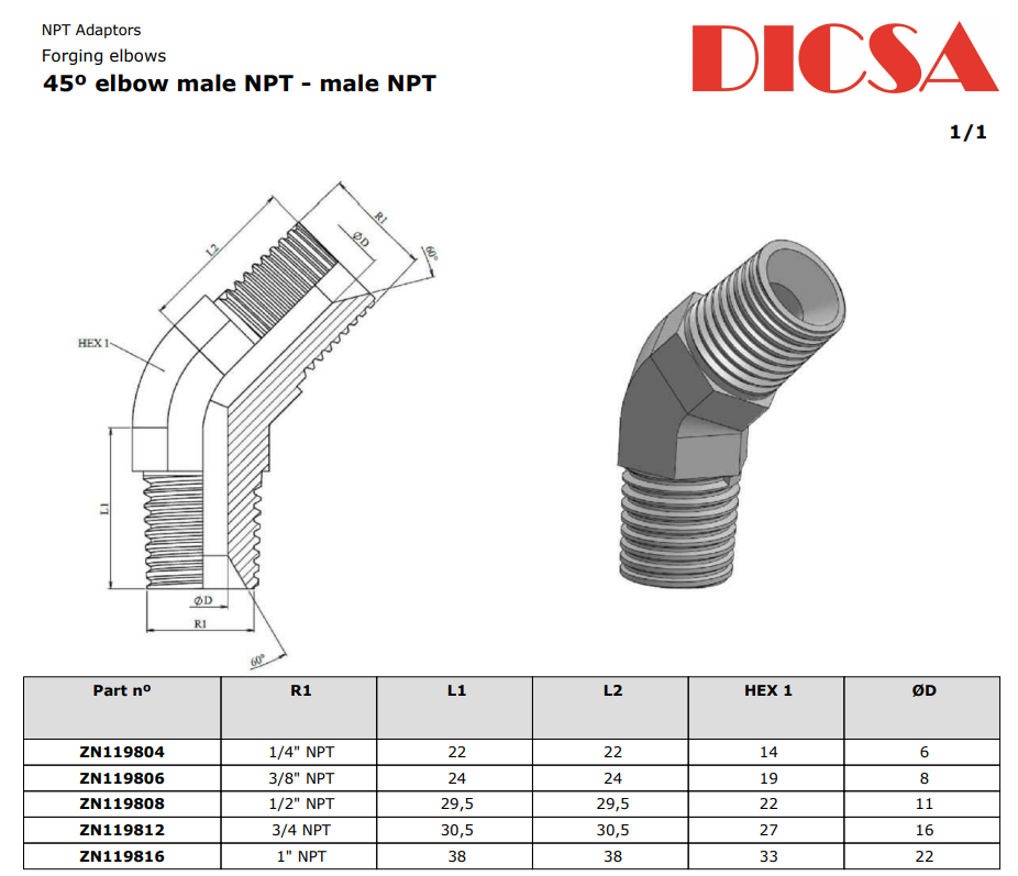 NPT Male 45 Elbow Adaptor, E3/MN | TTA Hyd
