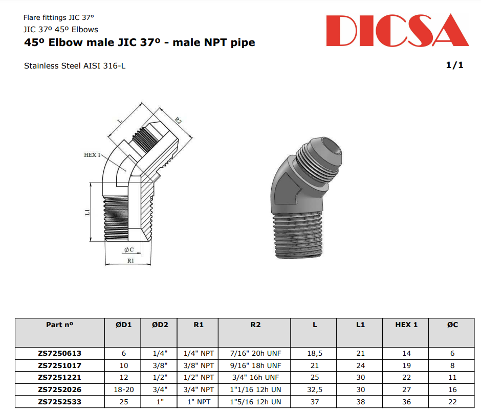 NPT to JIC Male Elbow 45 Adaptor, E3/MN/MJ | TTA Hydraulics