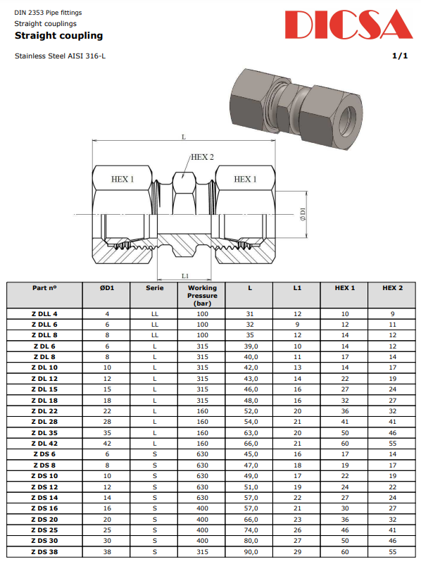 Tube Coupling Straight, L-Series, G/STR/L | TTA Hydraulics