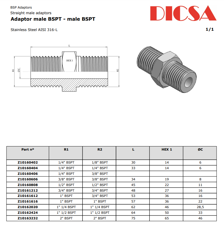 BSP Taper Male Adaptor, MBT-STR | TTA Hydraulics