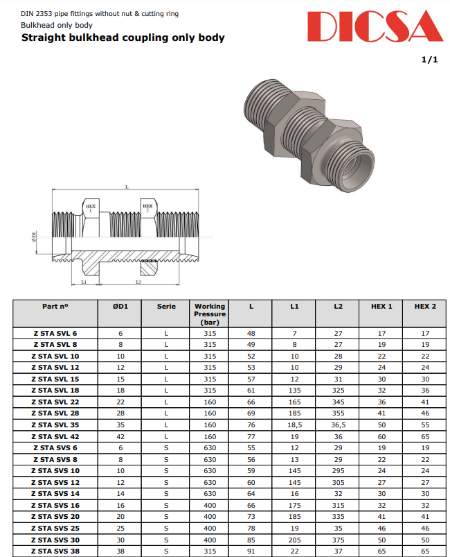 Bulkhead Connector Straight, L Series | TTA Hydraulics